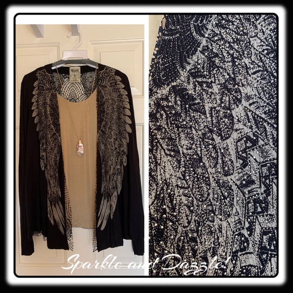 Vocal | Sweaters | Nwt Vocal Black Goldtaupe Rhinestone Lace Cardigan ...